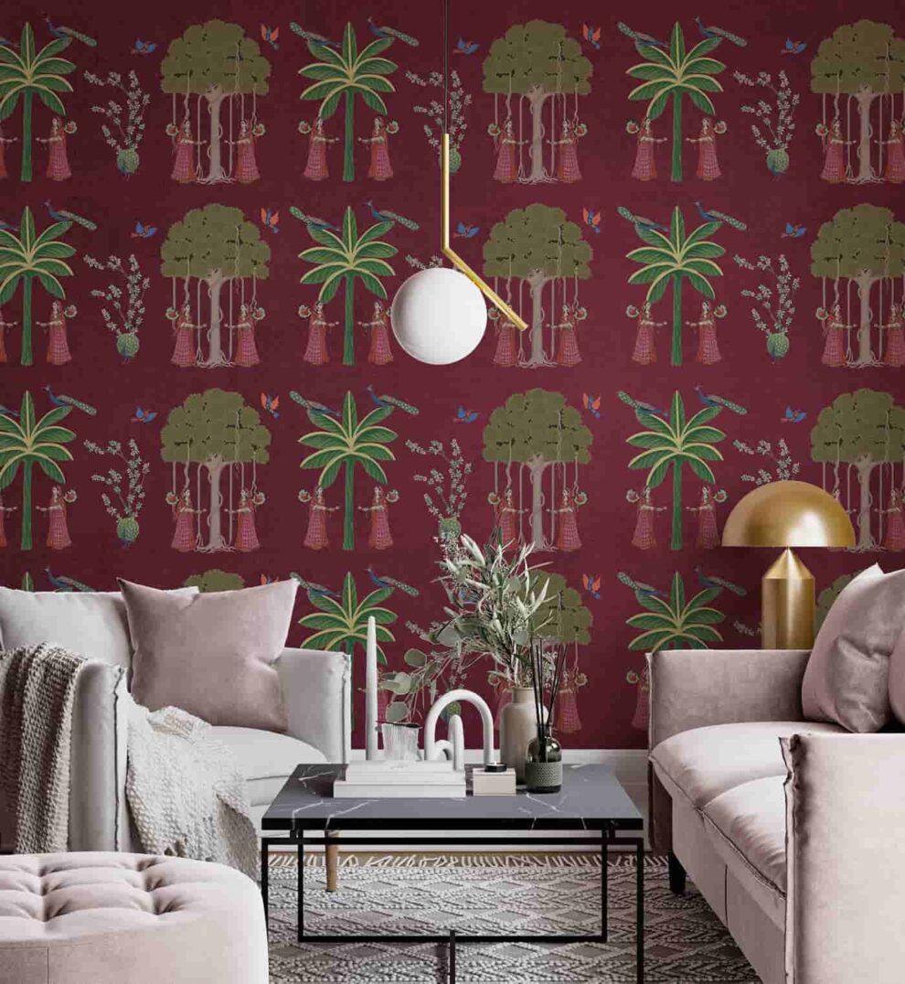 Traditional Pichwai- Trees Peacock Birds - WallCurry