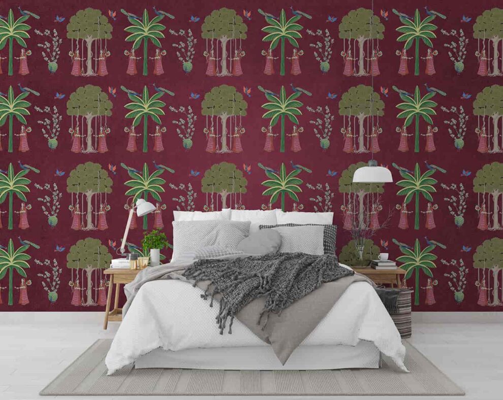 Traditional Pichwai- Trees Peacock Birds - WallCurry