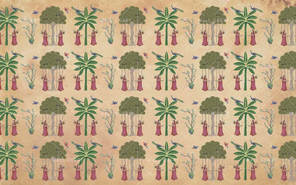 Traditional Pichwai-trees cow lady peacock-Beige - WallCurry