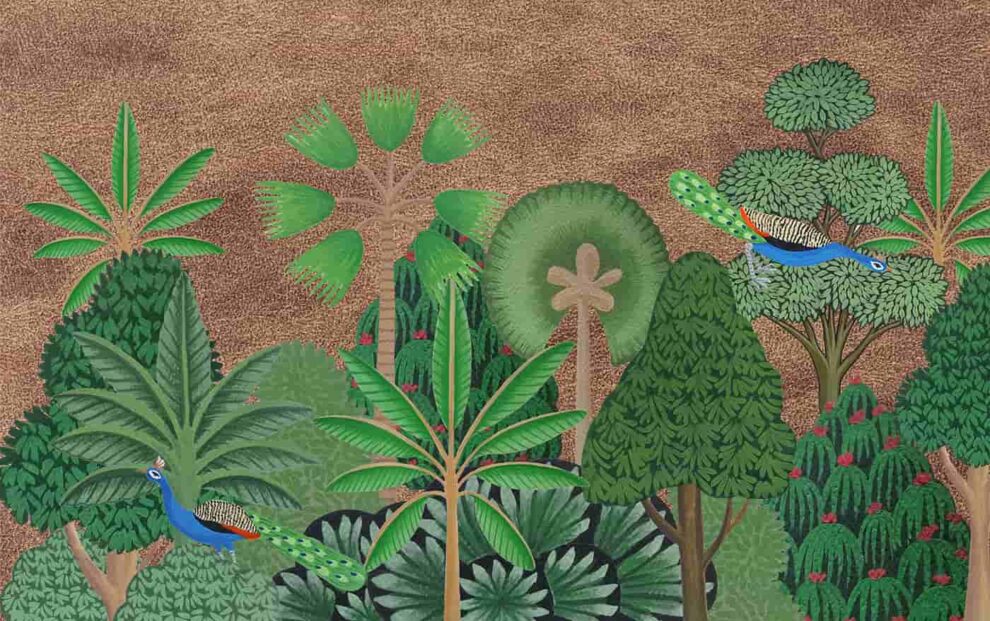 Pichwai style trees in brown background - WallCurry