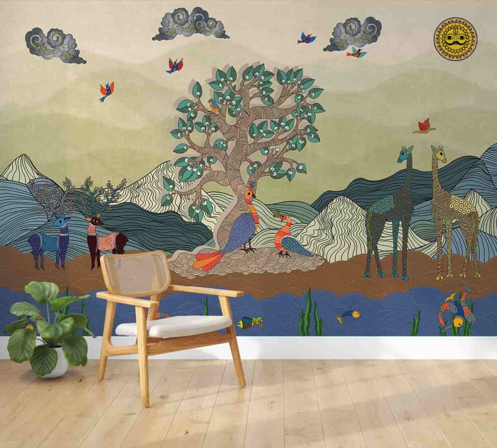 indian Gond Art Wallpaper-Deers, Peacock, Giraffe landscape - WallCurry