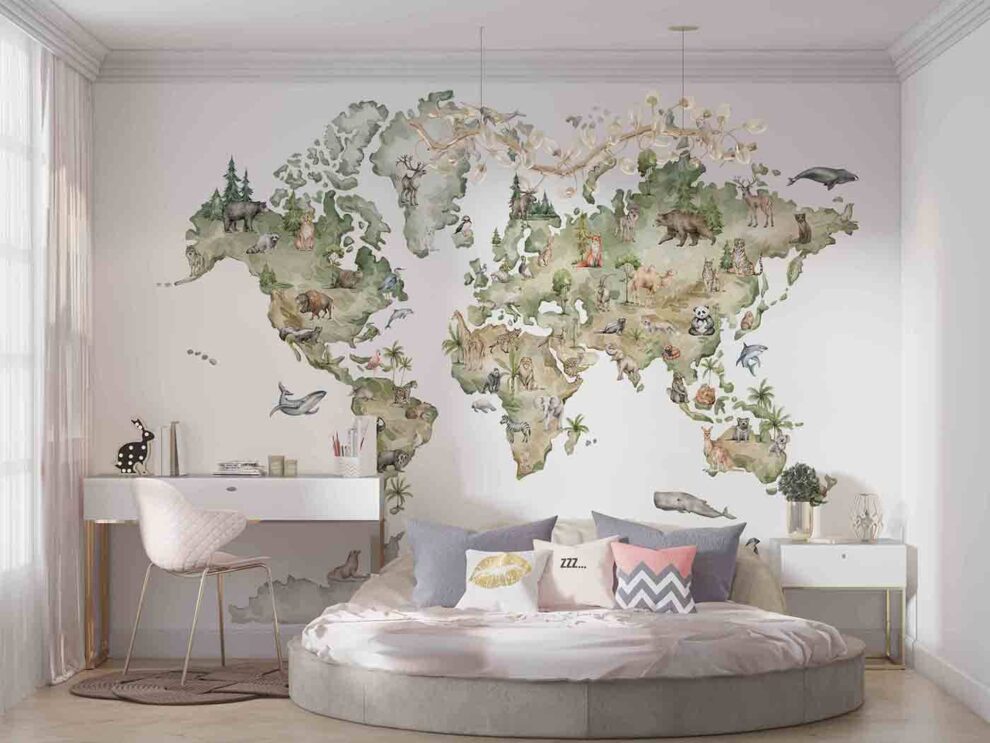 Watercolor World Map With Cute Animals Wallpaper Online | Wallcurry