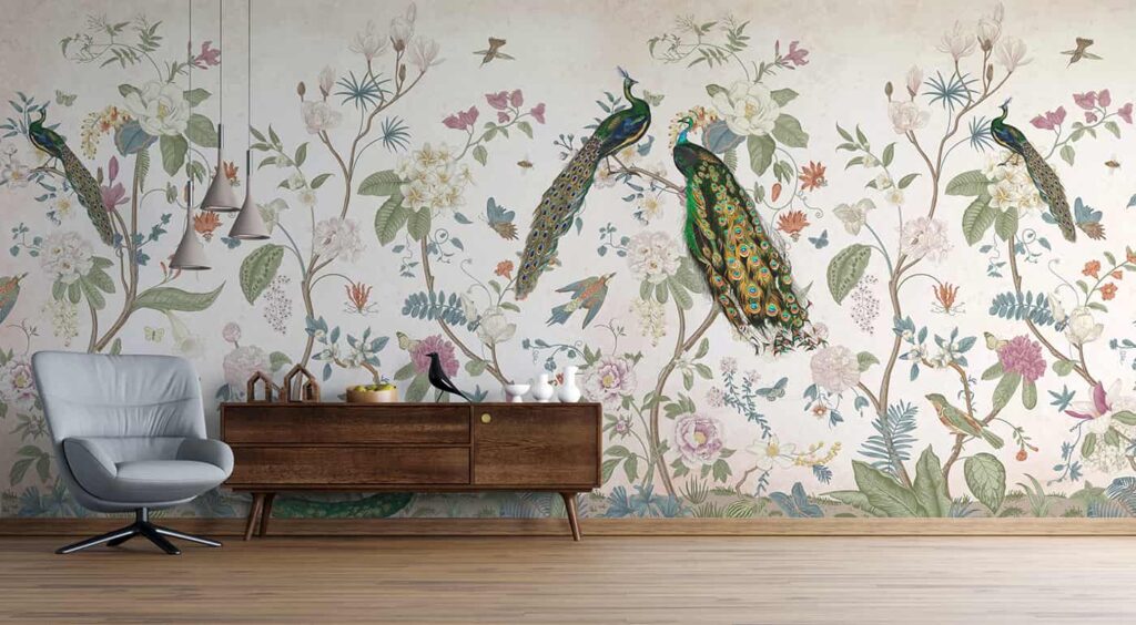 Indian Peacock And Hand Illustrated Trees Wall Mural Wallpap