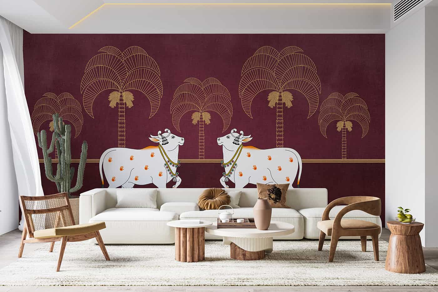 Modern Pichwai Cows n Lotus Wallpaper Mural - WallCurry